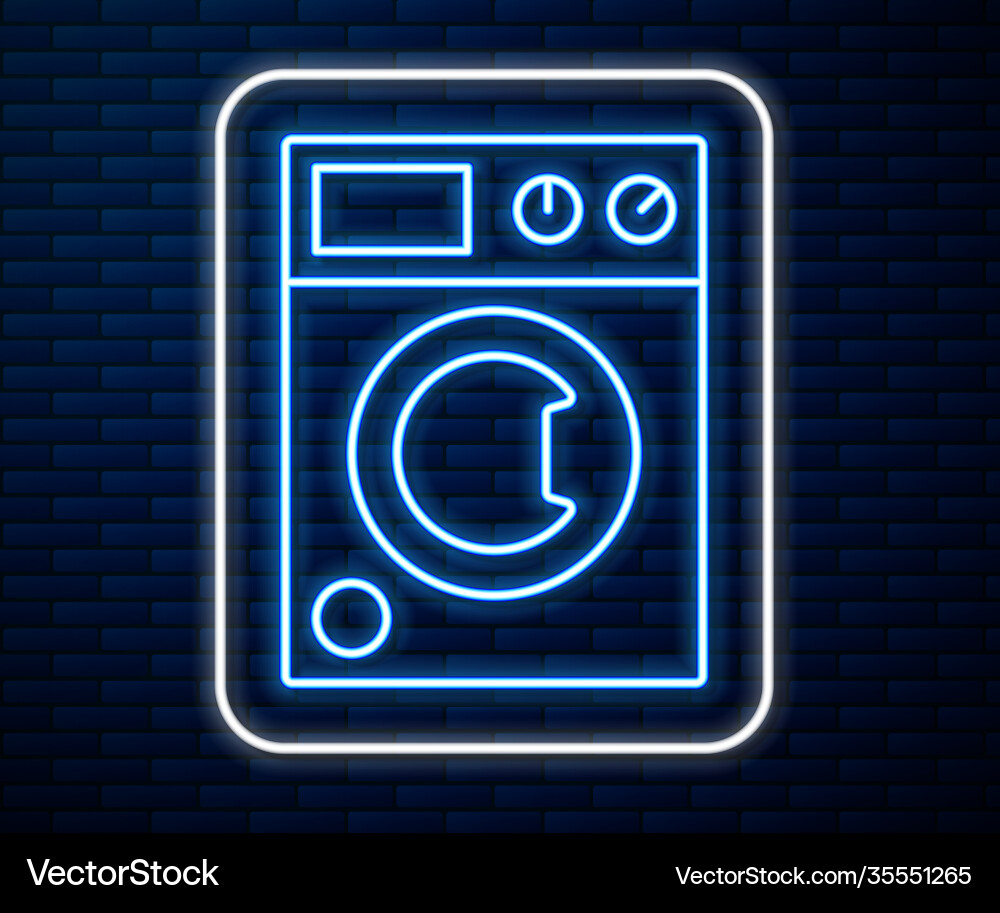 Glowing neon line washer icon isolated on brick Vector Image