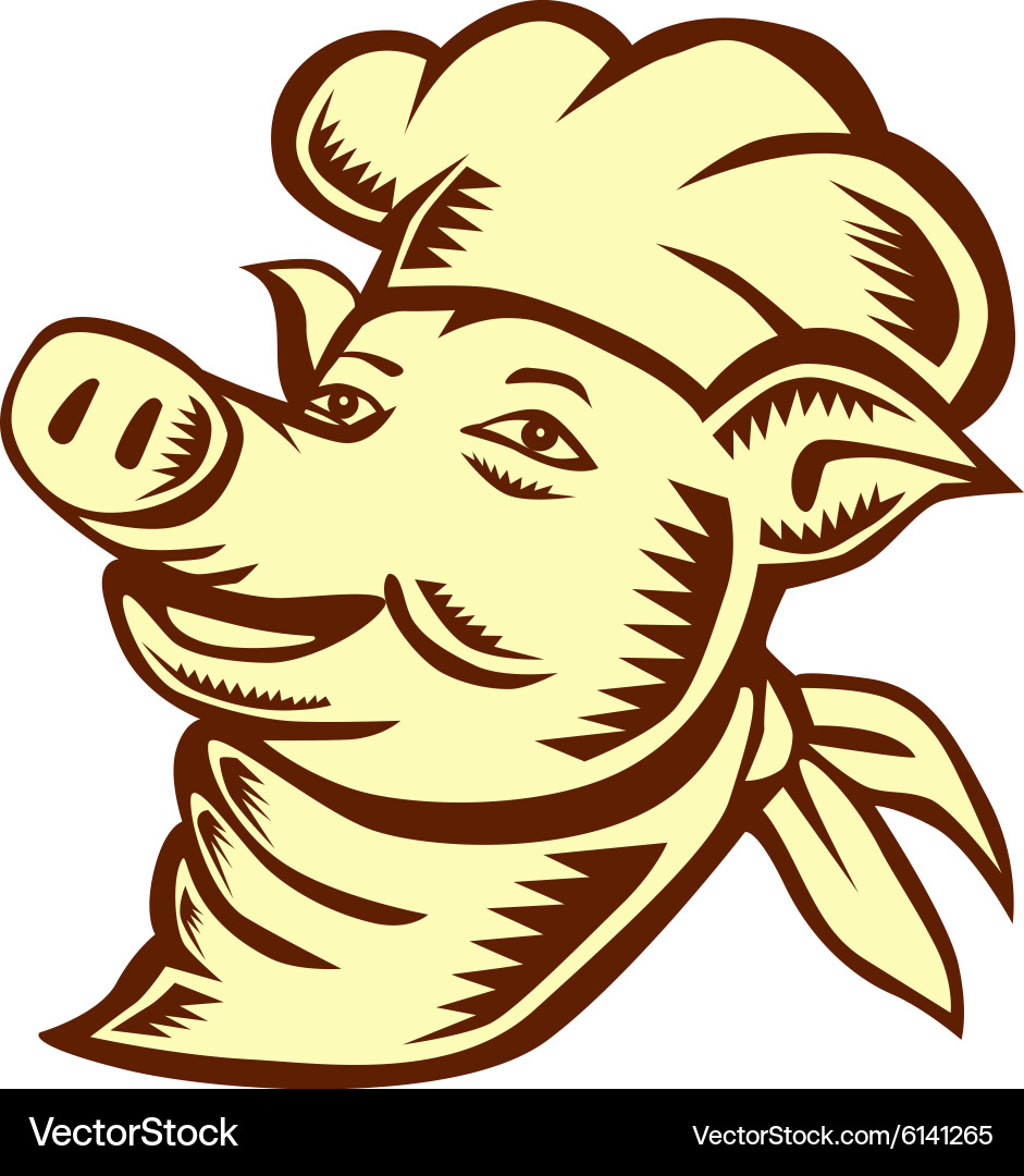 Pig chef cook head looking up woodcut Royalty Free Vector