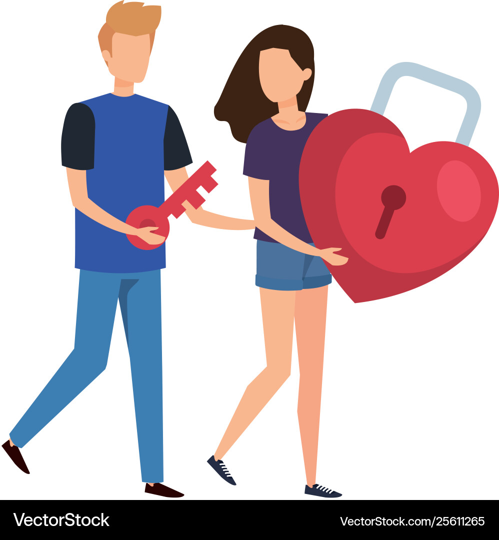 Young couple lifting padlock with heart shape Vector Image