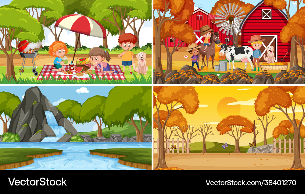 Four different scenes with children cartoon Vector Image