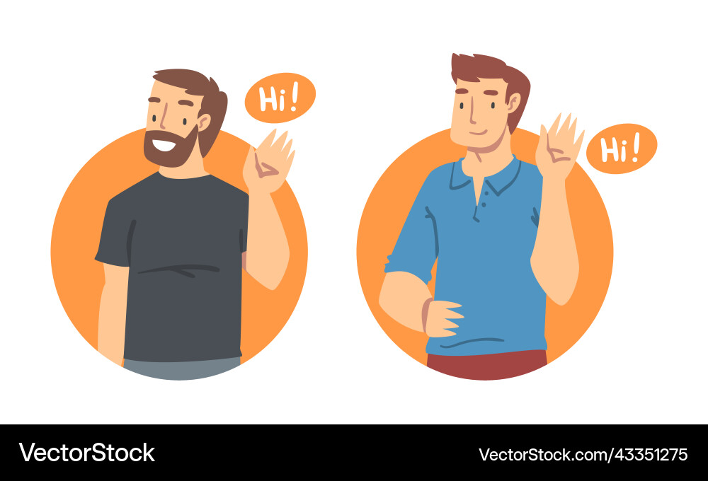 Cheerful men saying hi doing greeting hand gesture