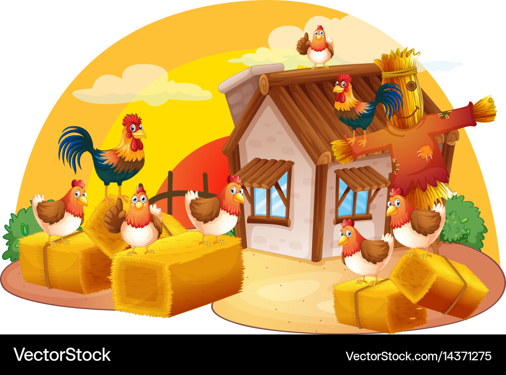 Chickens and scarecrow in farm Royalty Free Vector Image