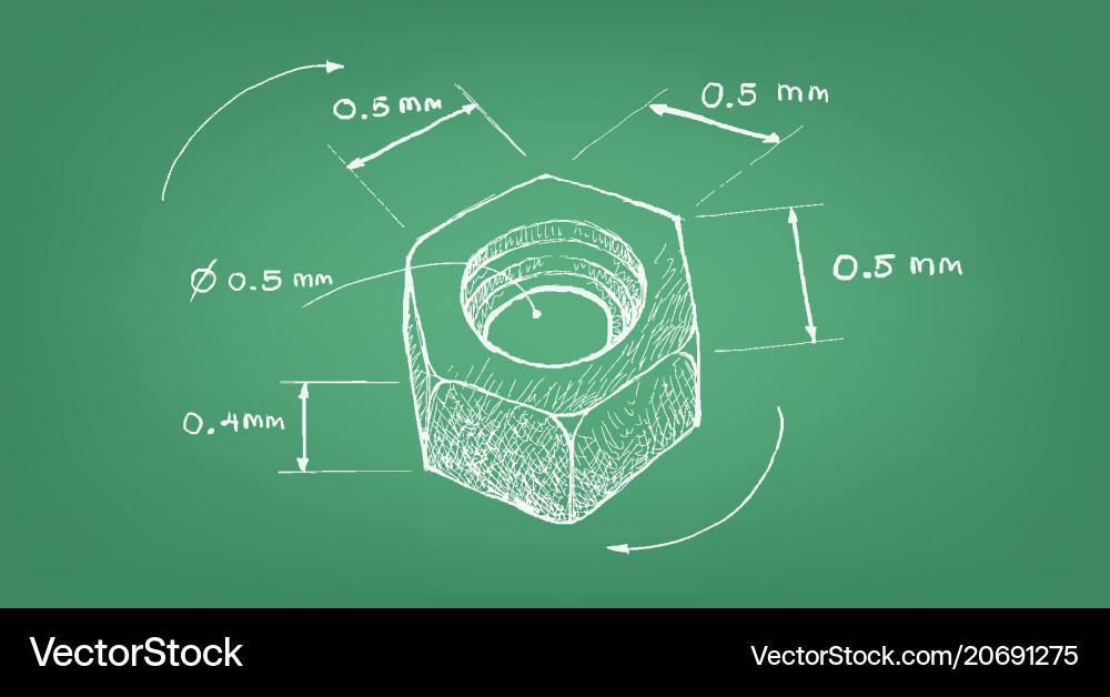 Dimension of hex nut screw on blueprint Royalty Free Vector