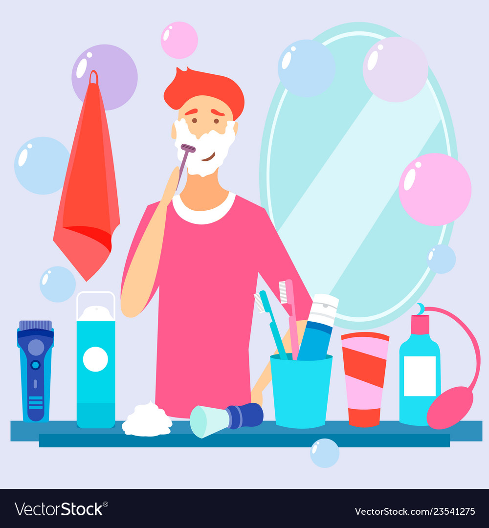 Man shaving face with foam skin care Royalty Free Vector