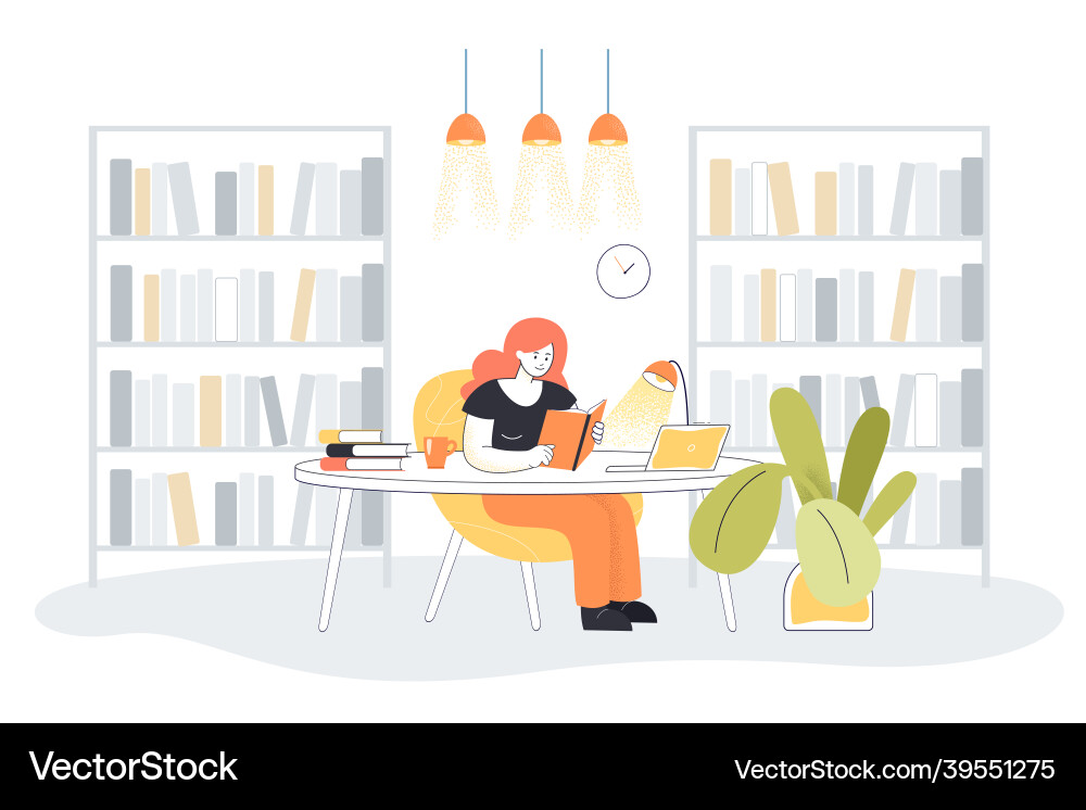 Young woman reading book in library interior Vector Image