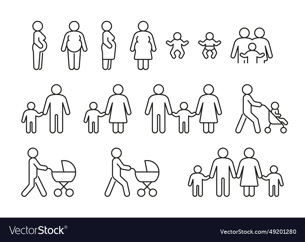 Family with child line icon set kid in stroller Vector Image