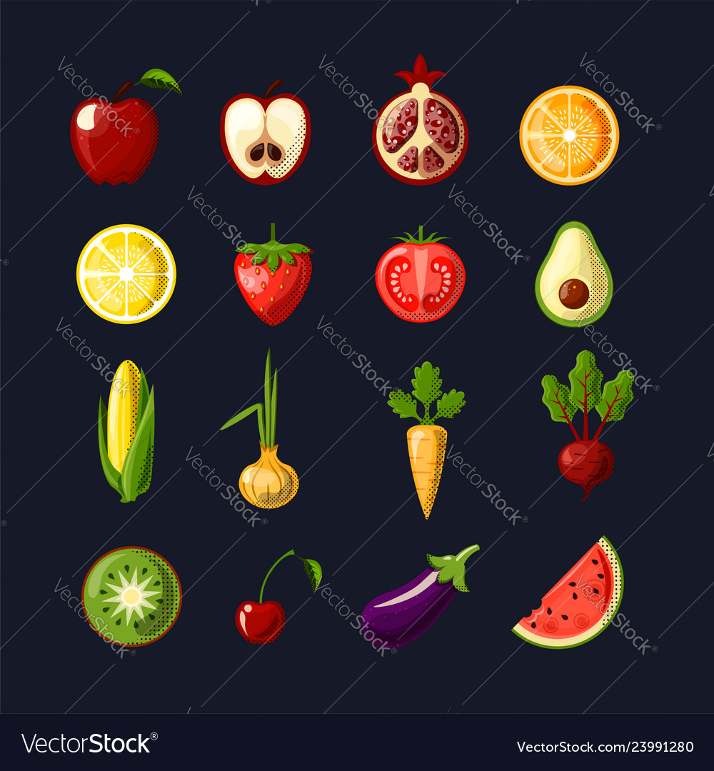 Healthy food colored flat icon set fruits and Vector Image