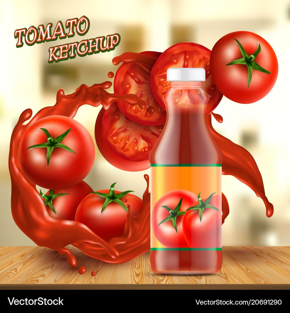 Banner with bottle ketchup and tomatoes Royalty Free Vector