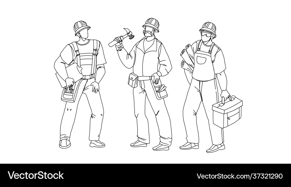 Builders with building equipment and plan Vector Image