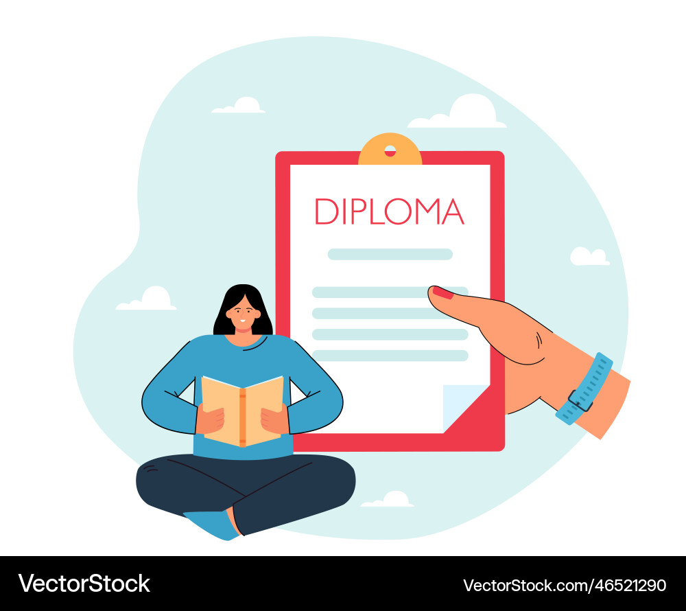 Tiny student and huge female hand holding diploma Vector Image