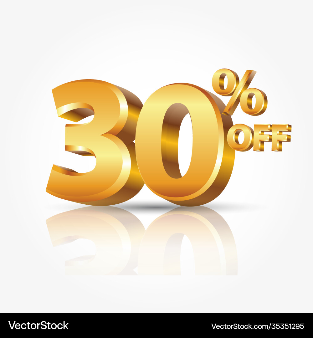 3d shiny gold 30 percent text with reflection Vector Image