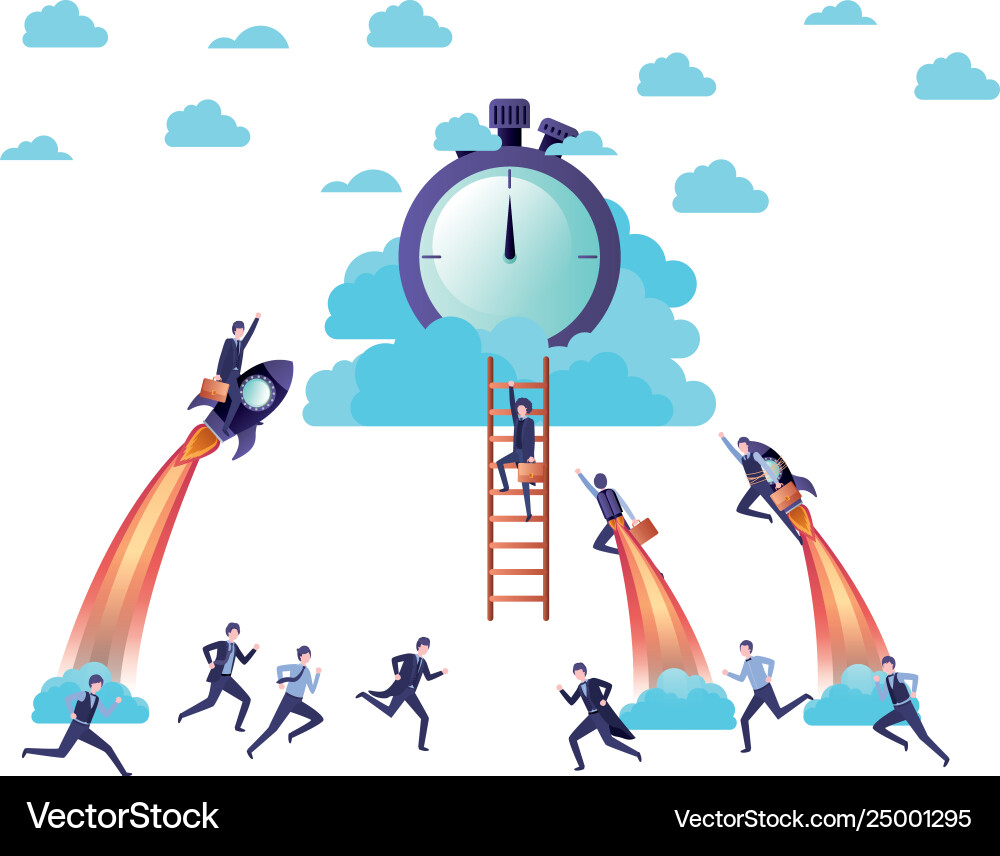 Businessmen on rocket and clock avatar character Vector Image