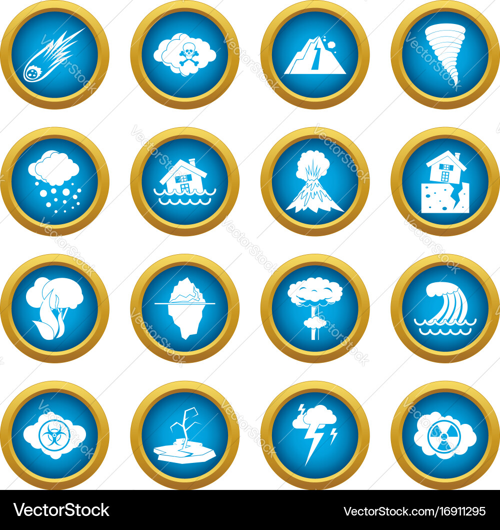 Natural disaster icons blue circle set Royalty Free Vector