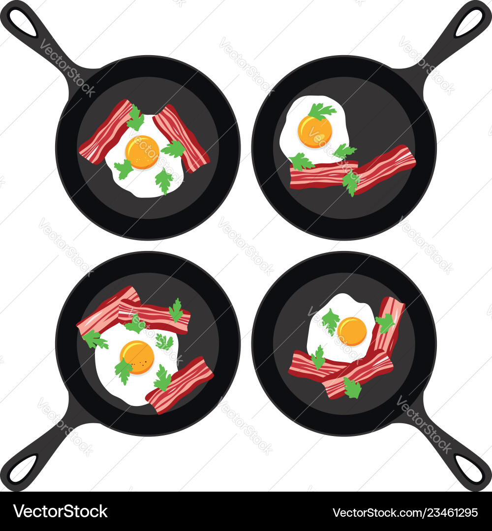 Set of pans with fried eggs and bacon Royalty Free Vector