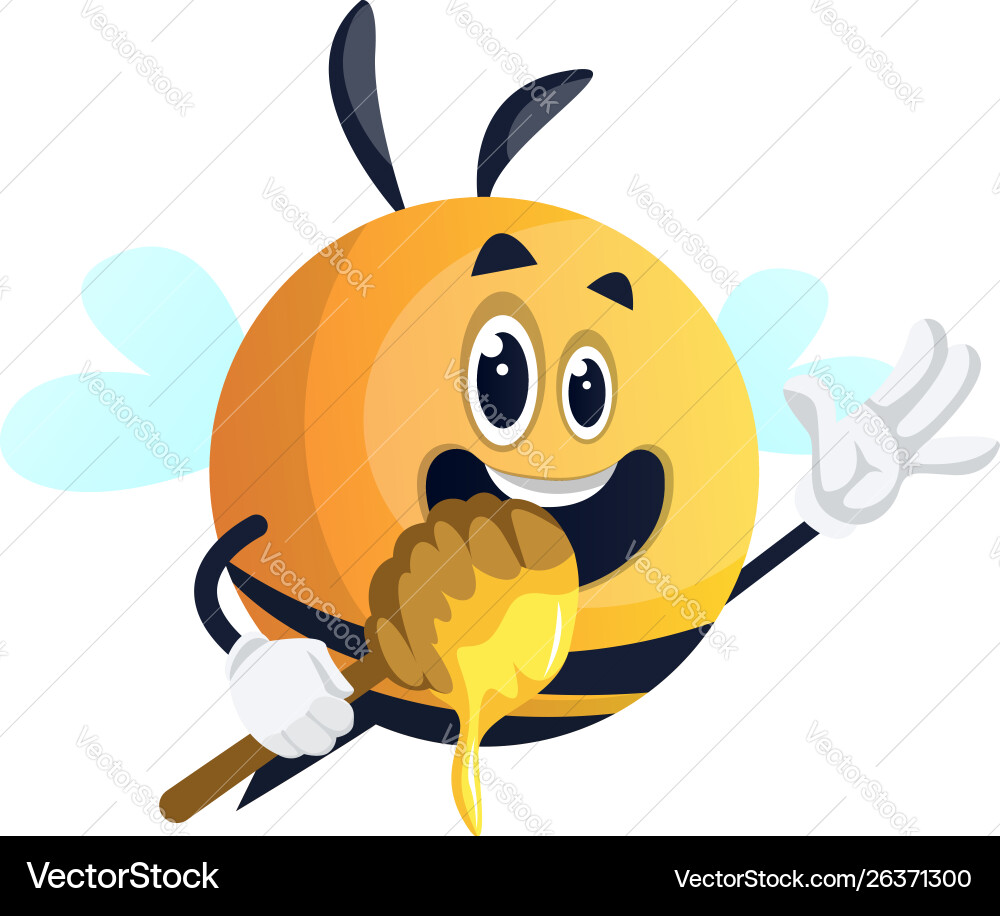 Bee waving and holding spoon on white background Vector Image