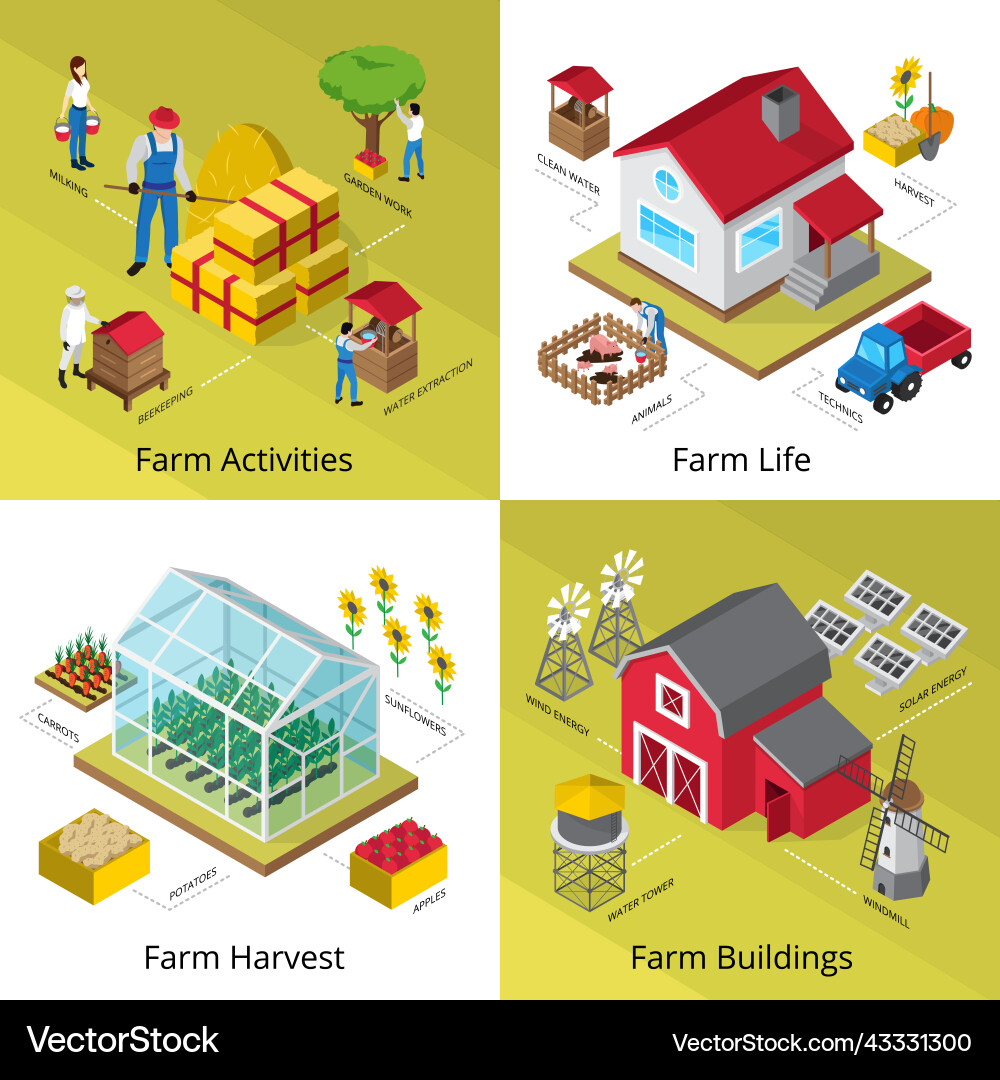 Farm concept 4 isometric icons square Royalty Free Vector
