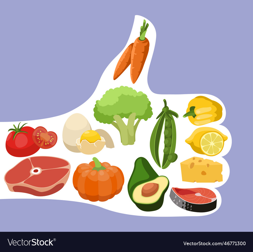 Healthy food set inside hand showing thumbs up Vector Image