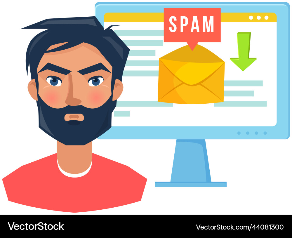 Man with angry face near envelope spam Royalty Free Vector