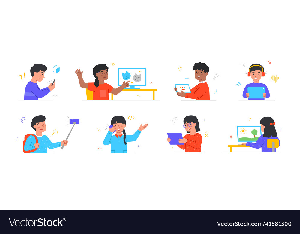 Set of kids using gadgets Royalty Free Vector Image Set of kids using gadgets Royalty Free Vector Image