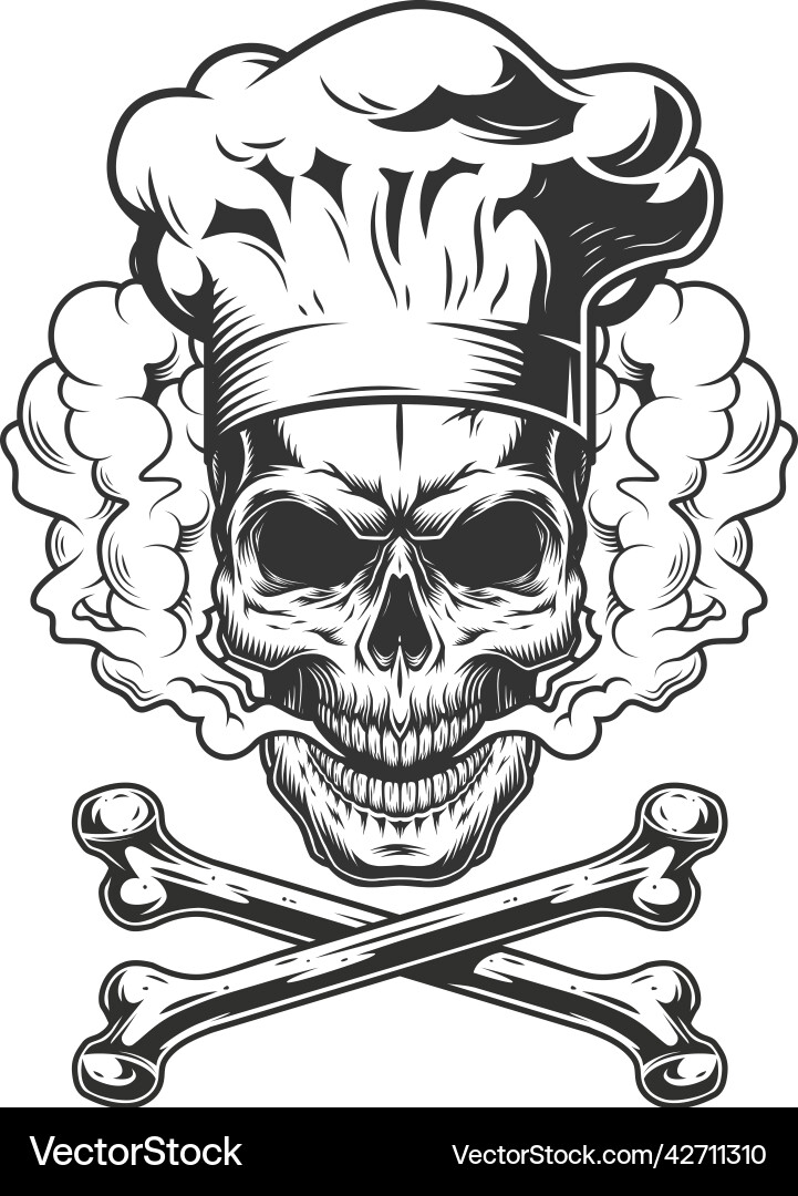 Vintage monochrome skull wearing chef hat Vector Image