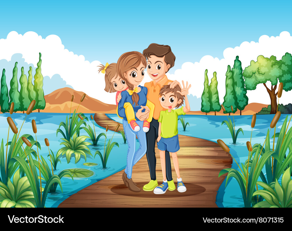 Family standing on the bridge Royalty Free Vector Image