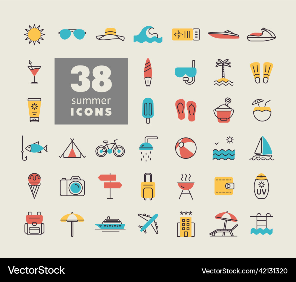 Summer flat icons set summertime sign Royalty Free Vector