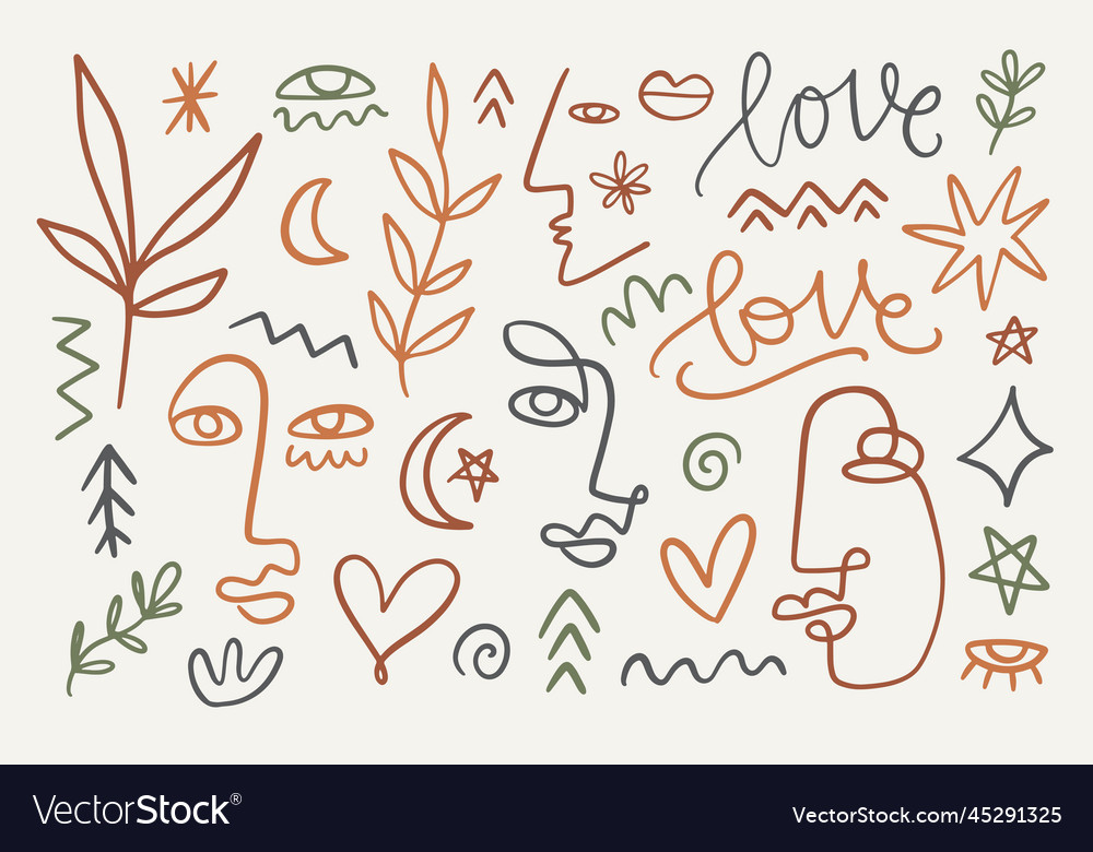 Minimalistic one line drawing boho elements set Vector Image