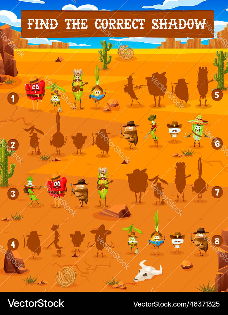 Shadow matching game cartoon cowboy vegetables Vector Image