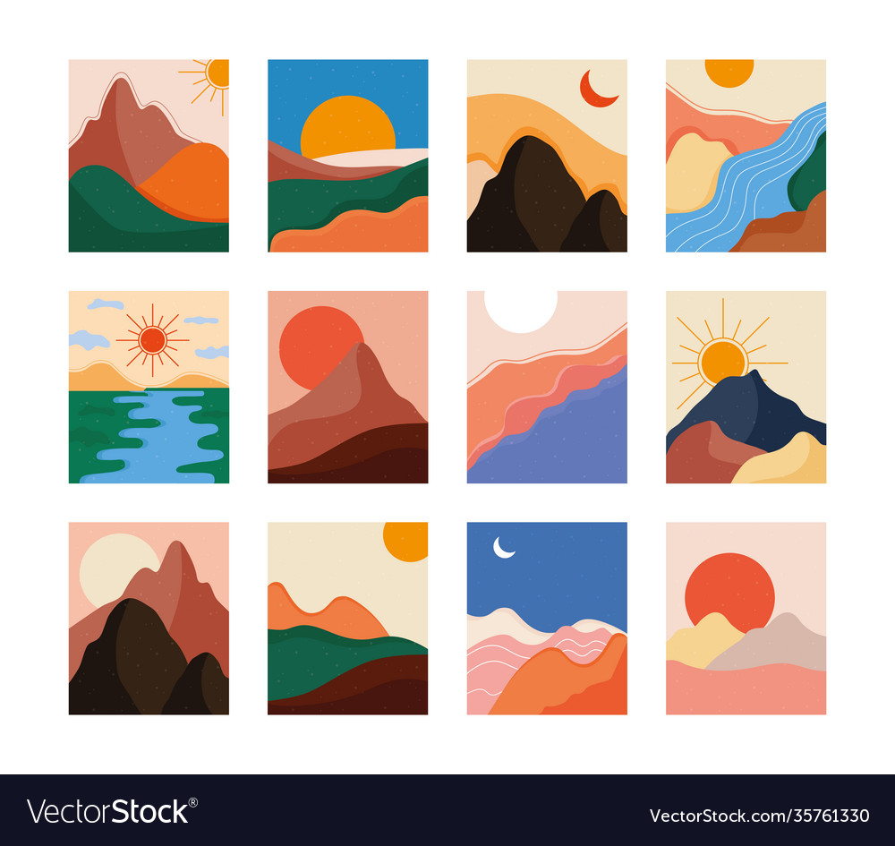 Bundle twelve abstract landscapes colorful Vector Image