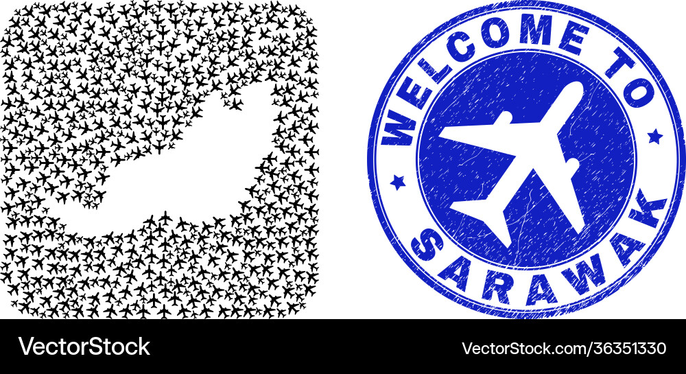 Welcome scratched badge and sarawak state map Vector Image