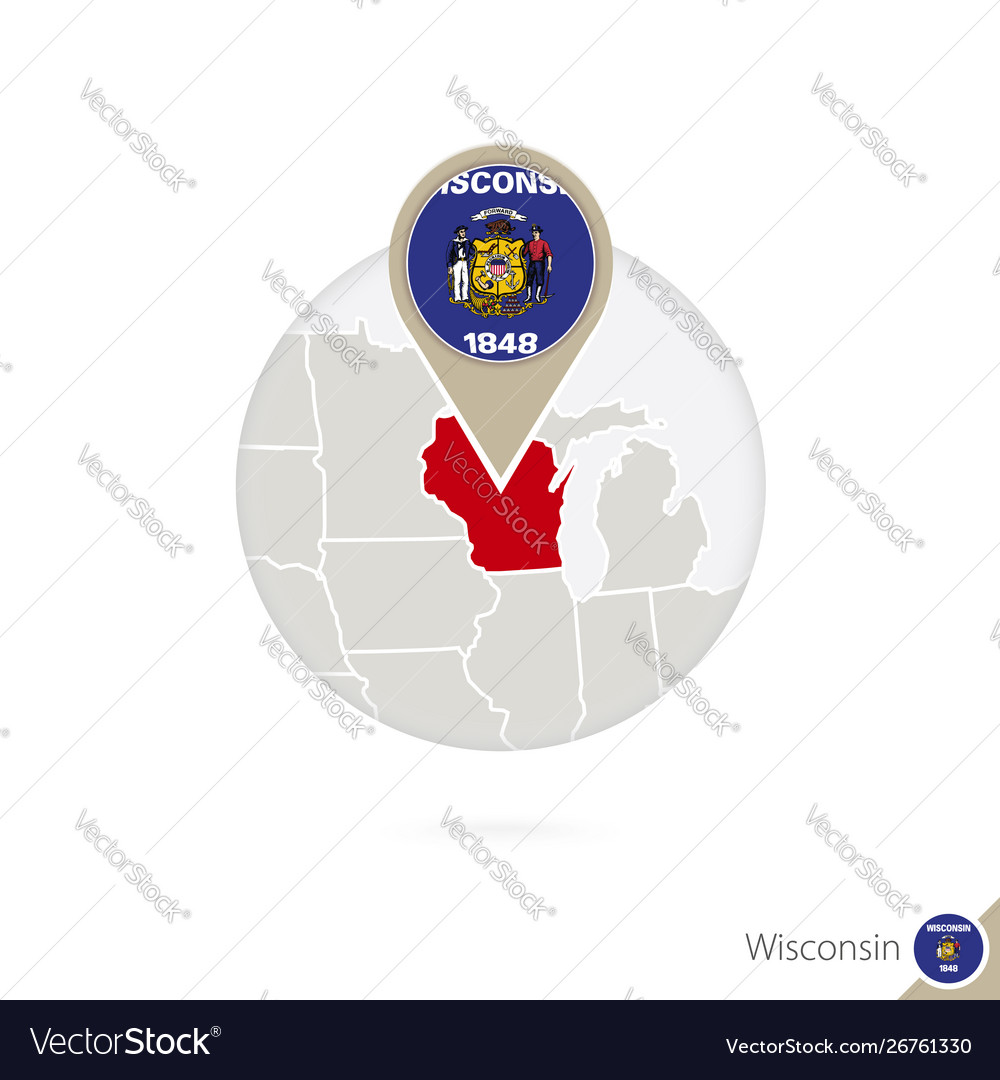 Wisconsin us state map and flag in circle Vector Image