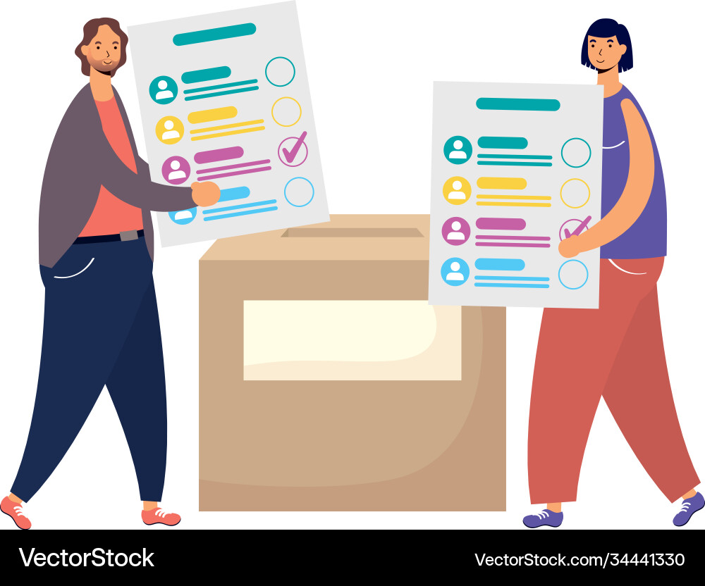 Young couple with voting card in box Royalty Free Vector