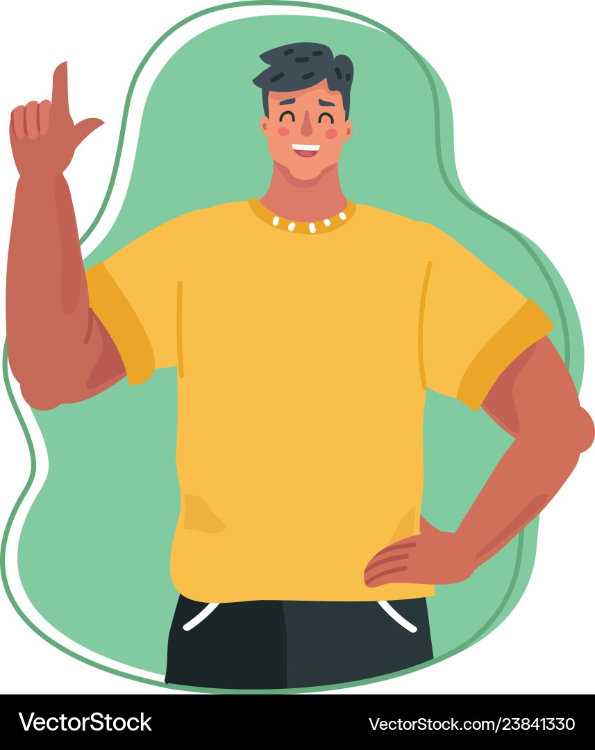 Young man smiling and pointing index finger up Vector Image