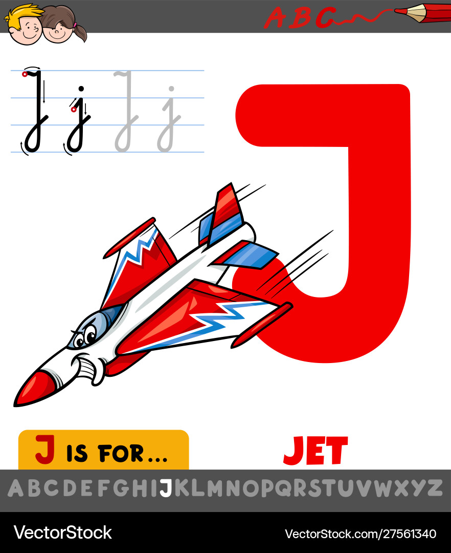 Letter j worksheet with cartoon jet Royalty Free Vector