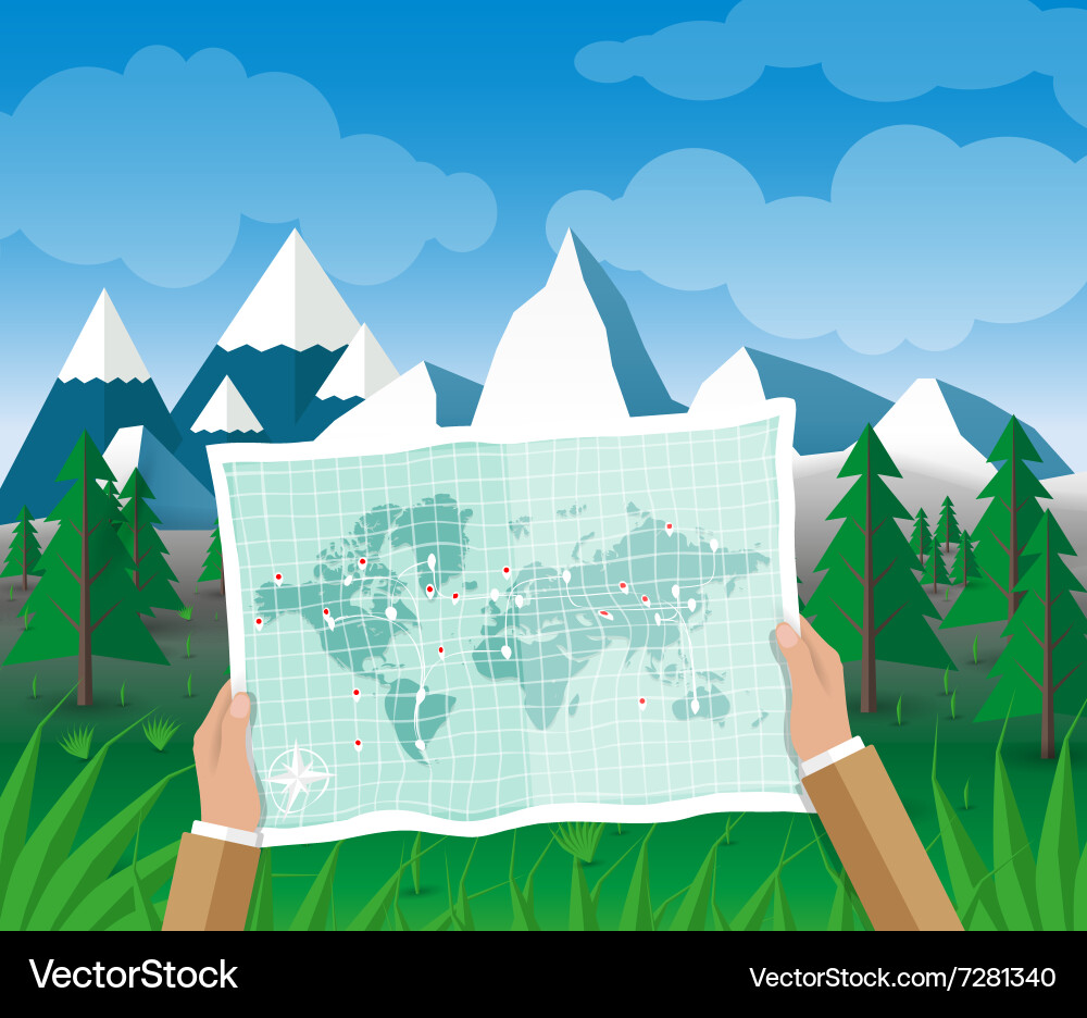 Man on a hiking trip holding map in his hands Vector Image