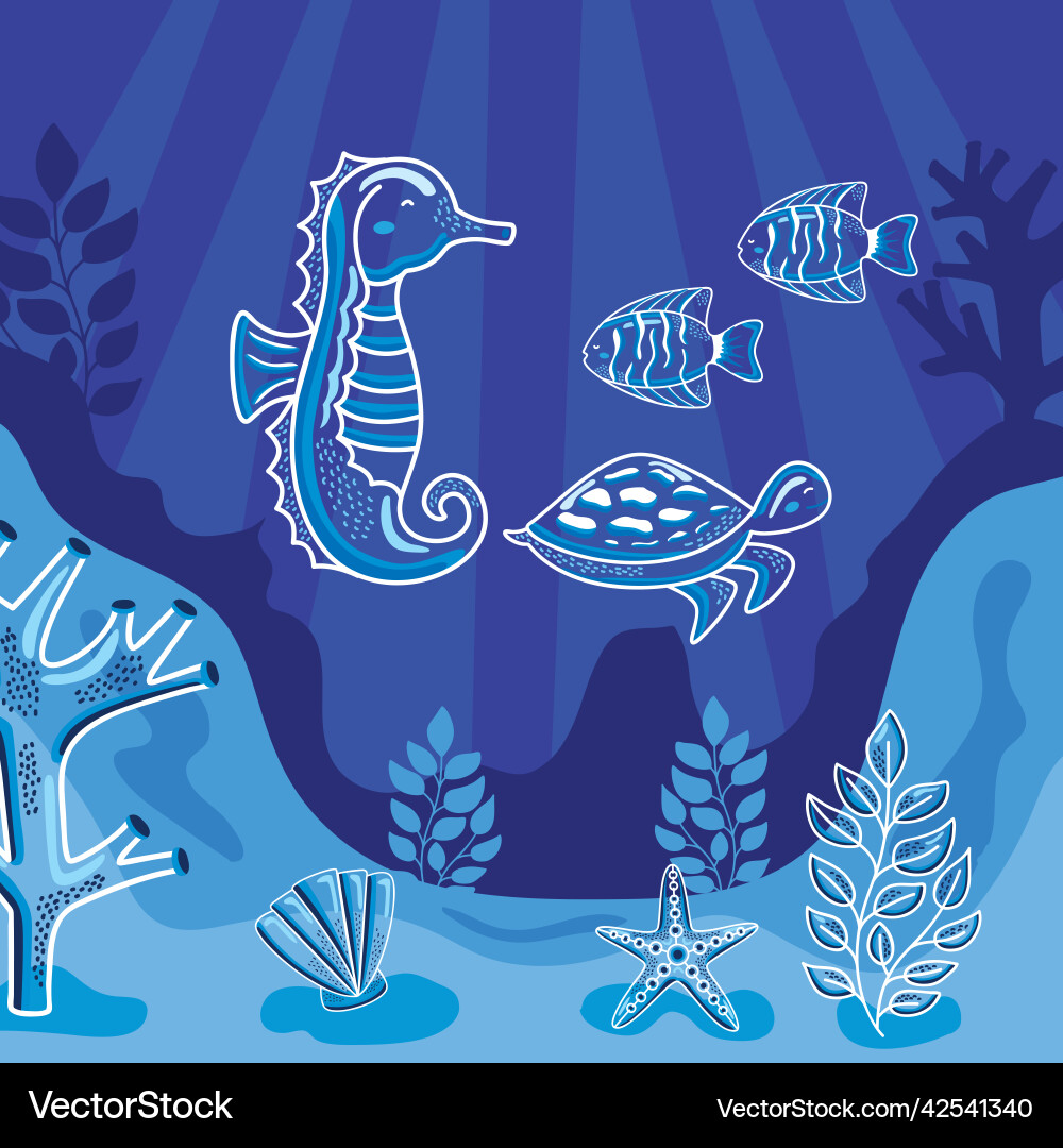 Sea life in blue undersea Royalty Free Vector Image
