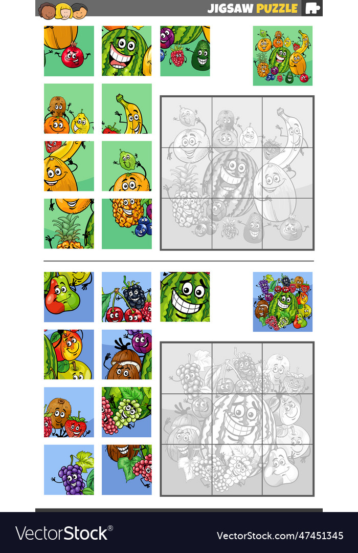 Jigsaw puzzle activities set with cartoon fruit Vector Image