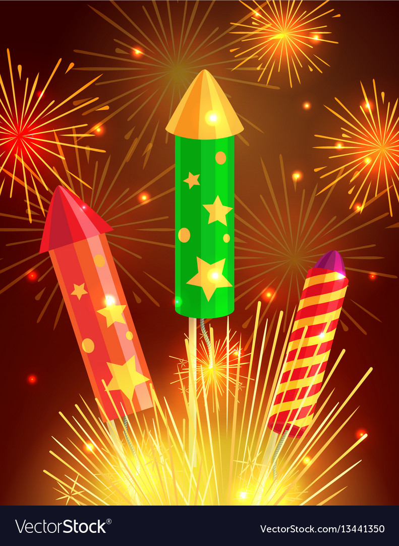 Colourful exploding rockets on bright background Vector Image
