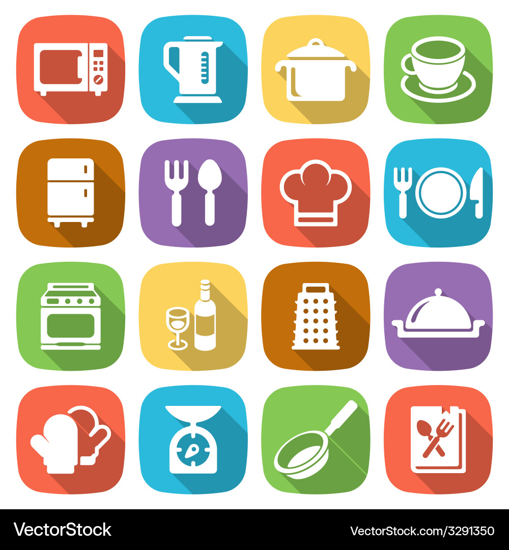 Trendy flat kitchen and cooking icons Royalty Free Vector
