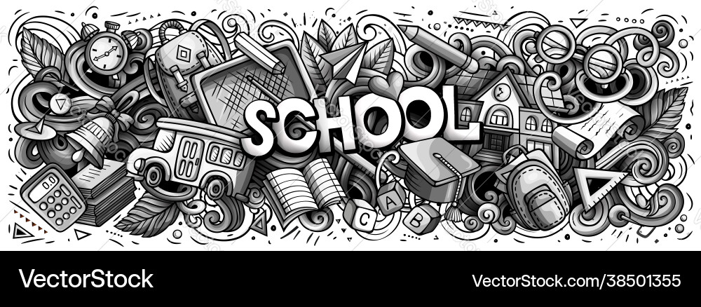Cartoon cute doodles school word Royalty Free Vector Image