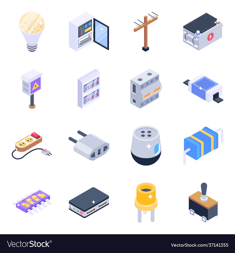 Pack electrical elements isometric icons Vector Image