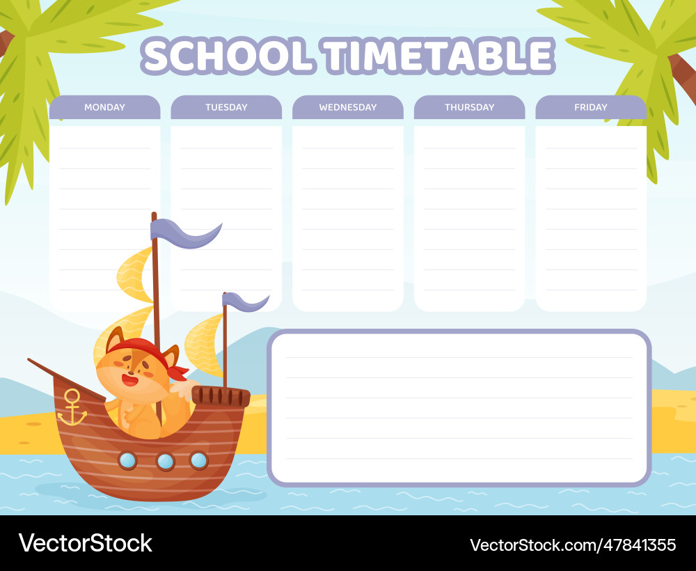 School timetable with cute cartoon fox animal Vector Image