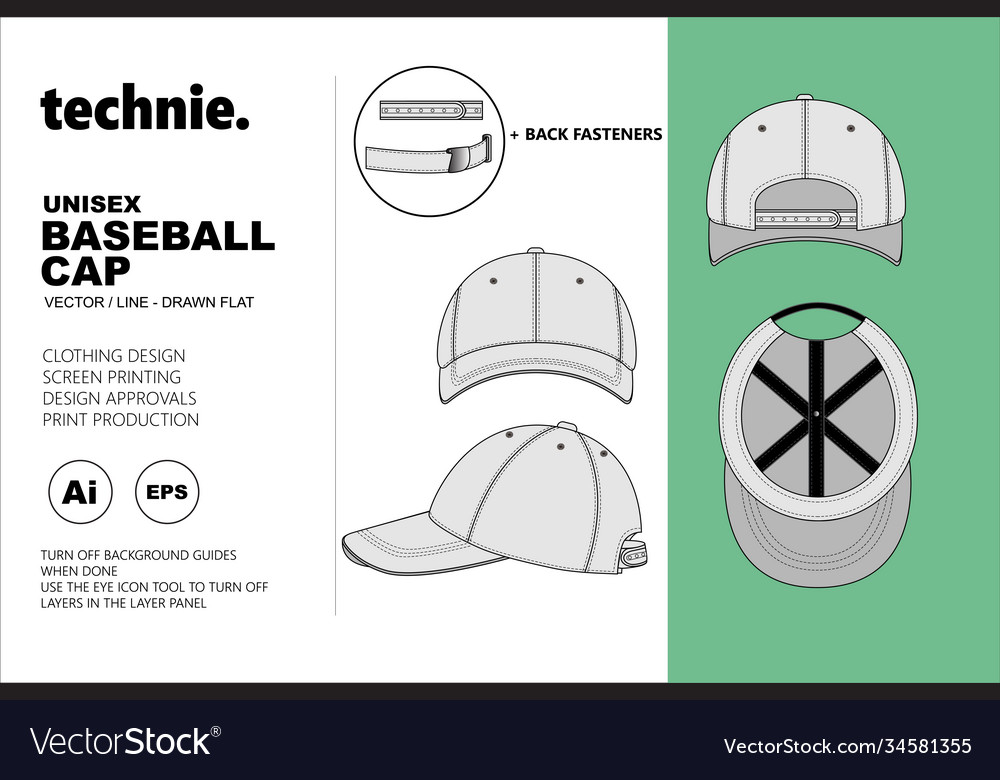 Technie baseball cap flat template Royalty Free Vector Image