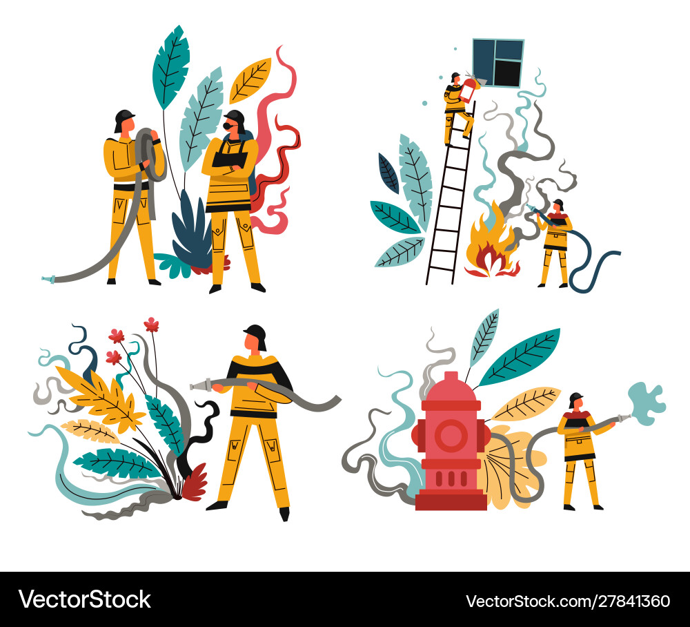 Fire rescue team firefighters with hose and Vector Image