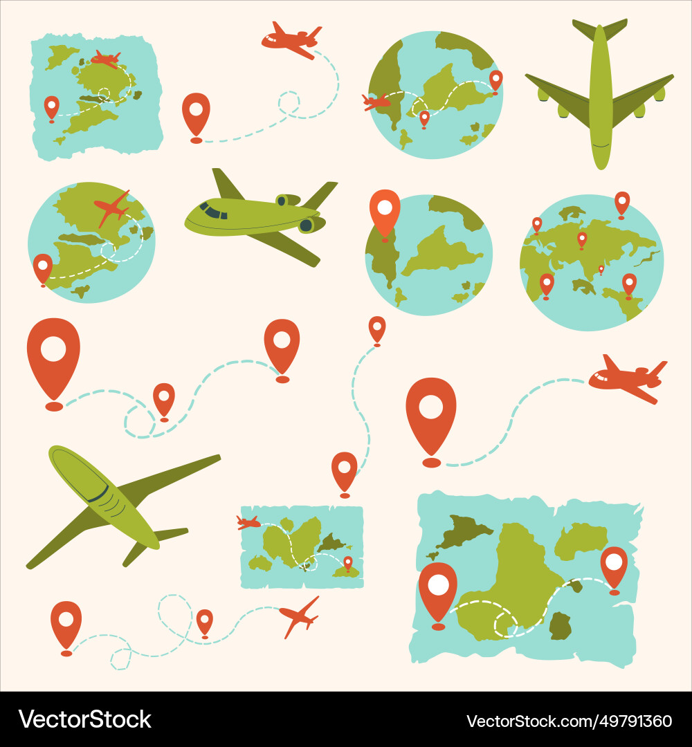 Set of maps and plane collection Royalty Free Vector Image