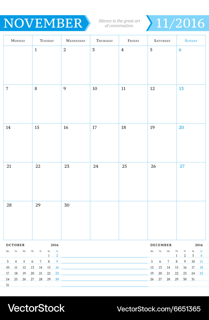 November 2016 monthly calendar planner for 2016 Vector Image