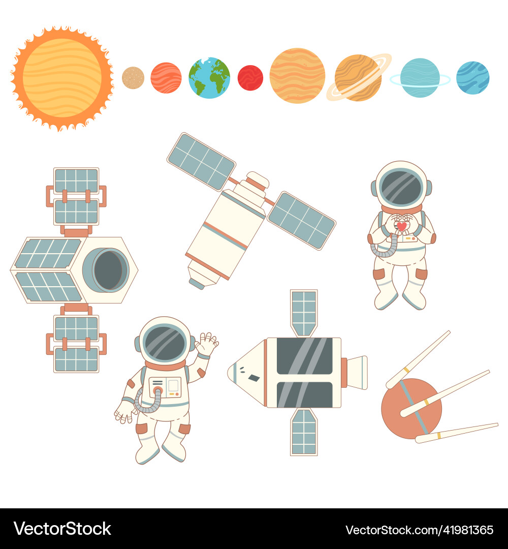 Space set with astronaut planets and ship Vector Image