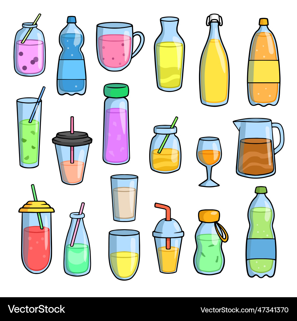 Drinks in bottles and glasses sticker set Vector Image