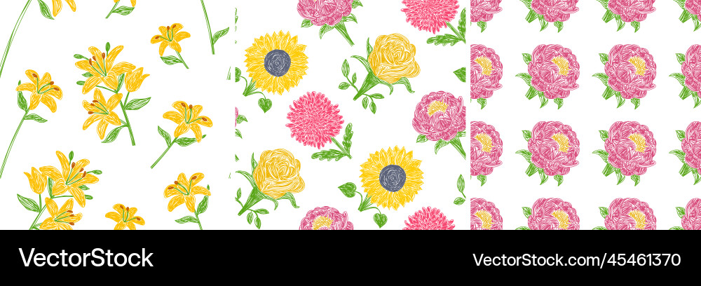Floral seamless pattern set pen or marker flowers Vector Image
