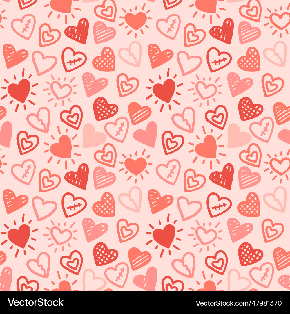 Hearts seamless pattern love red pink hand drawn Vector Image